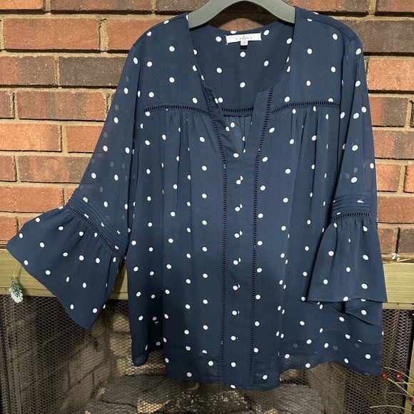 Fever | Tops | Fever Bell Sleeve Navy Blue With White Dots Top New ...